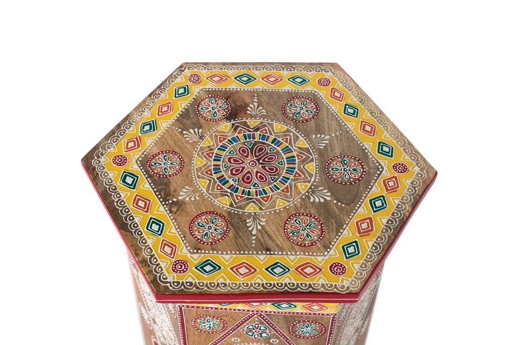 Taburet hexagonal multicolor din lemn Decorated Giner y Colomer | The ...