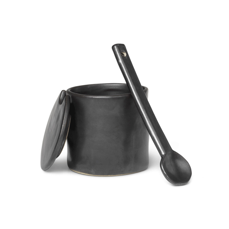 Recipient negru cu capac si lingurita din ceramica 8x8 cm Flow Ferm ...